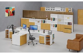 Ergonomický kancelářský pracovní stůl PRIMO WHITE, 1600 x 1200 mm, pravý, bílá/buk