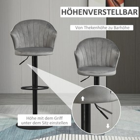 HOMCOM Sada 2 barových židlí otočné barové židle s výškově nastavitelným opěradlem sametový dotek šedá, bez područek, 51,5x57,5x93-114,5cm do kuchyně…