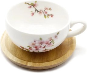Porcelánový espresso šálek Sakura s podšálkem z akácie, 120 ml – s motivem rozkvetlé sakury
