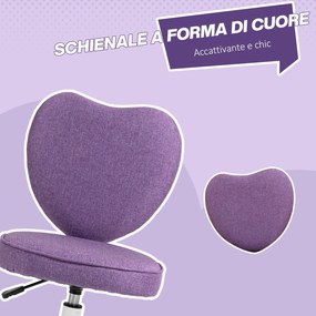 Vinsetto HOMCOM Židle k Psacímu Stolu ve Tvaru Srdce, Kancelářská Židle s 5 Otáčivými Kolíčky a Nastavitelnou Výškou v Textilu, 40x50x79-89cm, Fialová