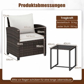 Costway Ratanový balkonový set obsahující 2 židle s polštáři a stůl