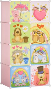 HOMCOM Modulární regál na boty s motivy zvířat do interiéru, 8 kostek 35x45x35cm z PP plastu a oceli, 74x47x144cm, Růžová | Aosom