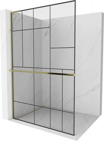 Mexen Kioto+ L, sprchová zástěna Walk-In s poličkou a věšákem 70 x 200 cm, 8mm čiré sklo černý vzor, ​​zlatý lesklý profil, 800-070-123-50-78