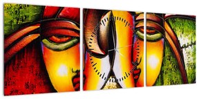 Obraz - Olejomalba, abstraktní obličeje (s hodinami) (90x30 cm)