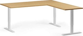 Rohový výškově nastavitelný stůl, 180x180 cm, 3 motory, L/P, bílá podnož, buk