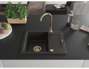 Mexen Enzo, 1-komorový granitový dřez s odkapávačem 58x47 cm a kuchyňskou baterií Telma, černá-zlatá, 6506-75-670200-50