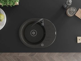 Mexen Kevin, granitový dřez 586x458x190 mm, 1-komorový, černá-zlatá metalíza s černým sifonem, 6517581005-75-B
