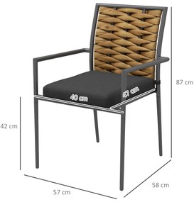 Outsunny sada 2 ratanových zahradních židlí, sada zahradních židlí s polštáři, stohovatelná zahradní židle, balkónová židle, ocel, 57 x 58 x 87 cm, č…