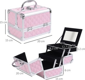 HOMCOM Profesionální Kosmetický Organizér na Make-up S Zrcadlem a Zámkem - Přenosná Taška na Make-up s Více Přihrádkami 20x15x15cm Hliníková