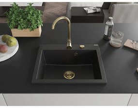 Mexen Elix, 1-komorový granitový dřez 600 x 500 mm, černá/stříbrná metalíza, zlatý sifon - 6525601005-73-G