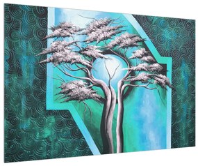 Orientální modrý obraz stromu a slunce (90x60 cm)