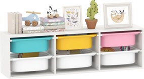 AIYAPLAY dětský úložný regál, 2 úrovně, úložný regál na hračky se 6 vyjímatelnými boxy, 97x21x29 cm, bílá