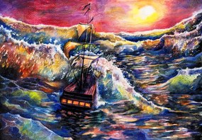 Fototapeta - Loď na oceánských vlnách, aquarel (245x170 cm)