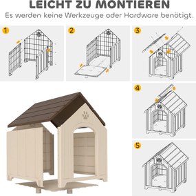 PawHut zvýšená venkovní bouda pro střední a velké psy — šikmá střecha, větrání a zemní kolíky, PP, 88 × 78 × 89 cm (béžová/tmavě hnědá)