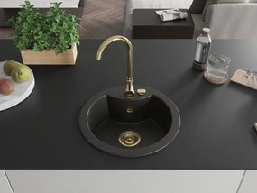 Mexen Diego, granitový dřez 488x488x167 mm, 1-komorový, černá-zlatá metalíza se zlatým sifonem, 6512481000-75-G