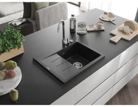 Mexen Ben, 1-komorový granitový dřez 600x500x190 mm, pravý + chromový sifon, černá-stříbrná metalíza, 6523605000-73