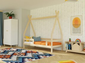Benlemi Dětská dřevěná postel SAFE 5v1 ve tvaru teepee se zábranou Zvolte barvu: Béžová, Zvolte rozměr: 90x200 cm, Zvolte zábranu: Se dvěma zábranami