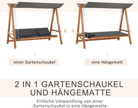 Outsunny Hollywoodská houpačka pro 3 osoby s funkcí lůžka, zahradní houpačka se stříškou, borovicové dřevo v šedé barvě a teak, 225,5x113x180cm