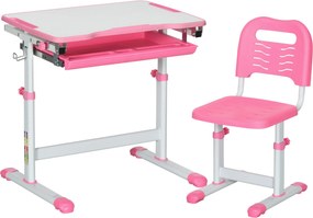 HOMCOM Nastavitelný školní stůl pro děti ve věku 6-12 let, set stolu a židle s 45° naklápěcí deskou, zásuvkou, 2 držáky na tužky a háčkem, růžový | Ao