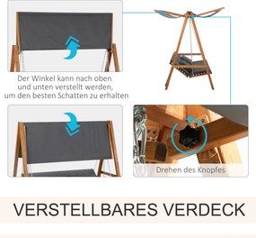 Outsunny Hollywoodská houpačka pro 3 osoby s funkcí lůžka, zahradní houpačka se stříškou, borovicové dřevo v šedé barvě a teak, 225,5x113x180cm