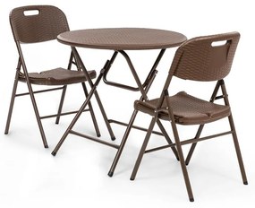 Burgos, stůl + 2 židle, ocelové trubky, HDPE,imitace ratanu, sklopná