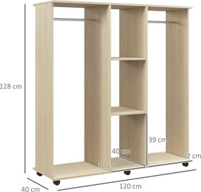 HOMCOM Mobilní skříň s úložným prostorem na 6 kolečkách 120 x 40 x 128 cm Přírodní dřevo