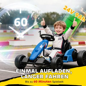AIYAPLAY 24V elektrické Go-Kart, režim driftu, nastavitelná sedačka, 5bodový bezpečnostní pás, hudební funkce, 6–12 let, modrá