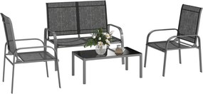 Outsunny 4-dílná zahradní lounge souprava se 2-místnou venkovní pohovkou s nastavitelným opěradlem, 2 křesly a skleněným konferenčním stolkem, ocelová