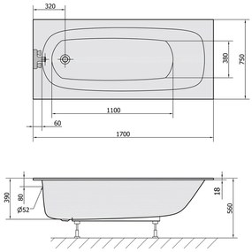 Polysan EBRO SLIM obdélníková vana 170x75x39cm, bílá - 26711S