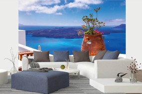 DIMEX | Samolepicí vliesová fototapeta na zeď Ostrov Santorini MA-5-3121 | 375 x 250 cm | modrá, bílá, hnědá