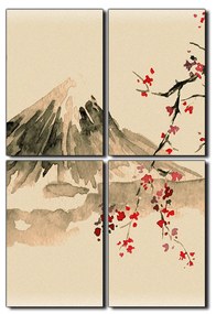 Obraz na plátně - Tradiční sumi-e obraz: sakura, slunce a hory - obdélník 7271FE (120x80 cm)