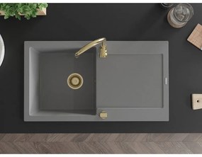 Mexen Leo, dřez granitový 900x500x190 mm, 1-komorový a zlatá baterie Telma, šedá, 6501-71-670200-50