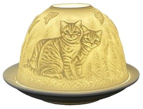 Bílý porcelánový svícen na čajovou svíčku kočka s květinami – 12x8 cm