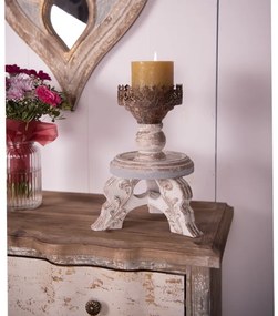 Béžový antik dřevěný svícen s kovovou ozdobou – 25x34 cm