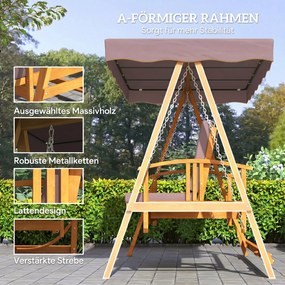 Hollywoodschaukel mit Sonnendach, Echtholz-Gartenschaukel, Schaukelbank mit Liege-Funktion, für 3 Personen, Braun