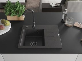 Mexen Ben, 1-komorový granitový dřez 600x500x190 mm, levý + černý sifon, černá skvrnitá, 6522605000-76-B