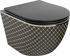 Mexen Lena WC mísa Rimless se záchodovým prkénkem s pomalým sklápěním slim, duroplast, černá mat/zlatý vzor mřížka