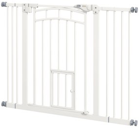 Schodišťová branka PawHut pro psy s automatickým zavíráním a klapkou pro kočky, bez vrtání, 74-100 cm, bílá | Aosom.de