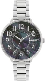 Stříbrno-černé dámské hodinky MINET PRAGUE Black Flower s čísly MWL5170