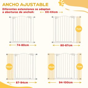 Rozšiřitelná bezpečnostní brána pro psy PawHut 74-100 cm pro dveře a schody s 2 rozšířeními 7/14 cm a dvojitým zámkem Bílá
