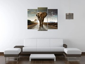 Gario Obraz s hodinami Osamělý silný slon - 3 dílný Rozměry: 90 x 70 cm