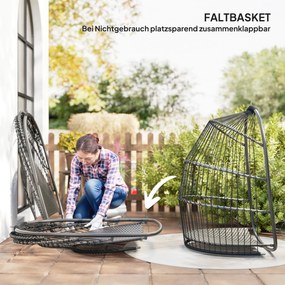 Houpací křeslo Outsunny s poduškou, poly ratan, venkovní a vnitřní, skládací, nosnost do 150 kg, závěsné křeslo pro obývák, balkon, terasa, tmavě šedé