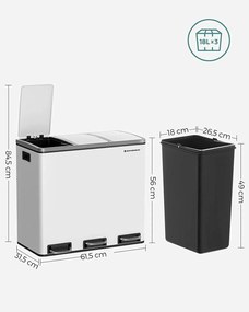 Kuchyňský pedálový odpadkový box, selektivní sběr odpadu, 3 x 18 l, bílý