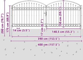 Plotová brána ASSEN dvoukřídlé dveře s klenutým vrškem ocel 400 x 150 cm 143094