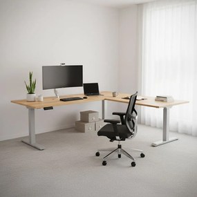 Výškově nastavitelný stůl OfficeTech Angle, 180 x 200 cm, šedá podnož, dub kraft