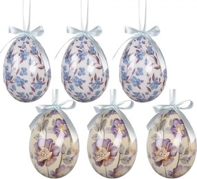 6ks dekorace bílé a béžové závěsné vajíčko s květy Spring Egg - Ø 7*10 cm
