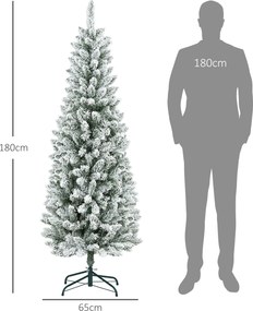 HOMCOM Umělý vánoční strom, štíhlý tvar, umělý sníh, třídílný, nehořlavý, kovový stojan, 183 cm, zelená