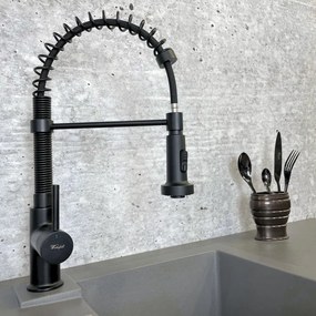 Waterfall Black Matte černá dřezová baterie se sprchou, Provedení S dávkovačem