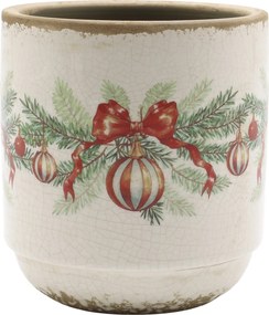 Béžový keramický květináč s vánočními ozdobami Christmas Bow & Bauble – Ø 13*13,5 cm