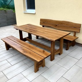 KULHÁNEK Zahradní dubová sestava - stůl, 1x lavice s opěradlem, 1x lavice bez opěradla (rustikální provedení) Délka: 230 cm, Odstín nátěru: lazura - palisandr